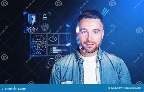 Bearded Young Man And Facial Recognition Interface Stock Image Image