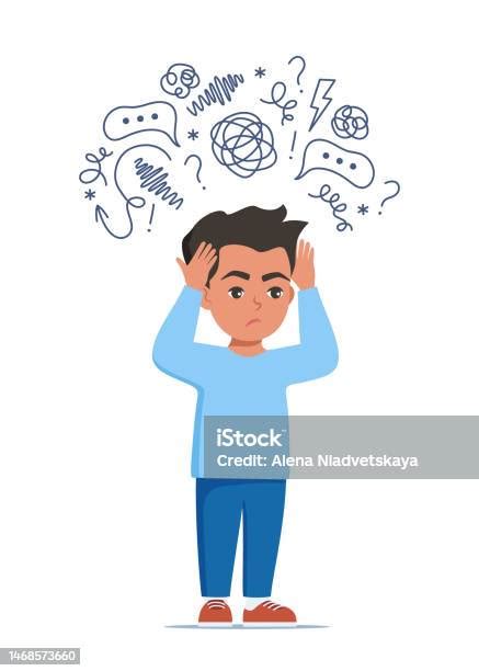 불안한 생각의 흐름에 둘러싸인 바닥에 서있는 슬픈 소년 자폐증 아동 스트레스 정신 장애 불안 우울증 스트레스 두통 아이는 손으로 귀를 막았습니다 벡터 그림입니다 고독