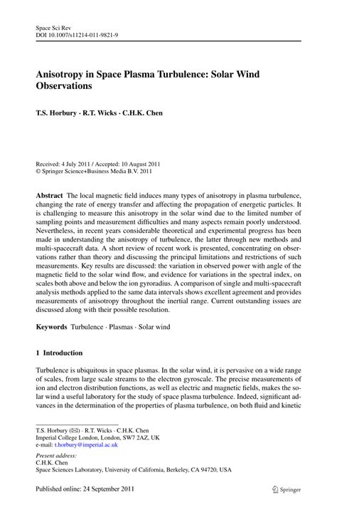 Pdf Anisotropy In Space Plasma Turbulence Solar Wind Observations