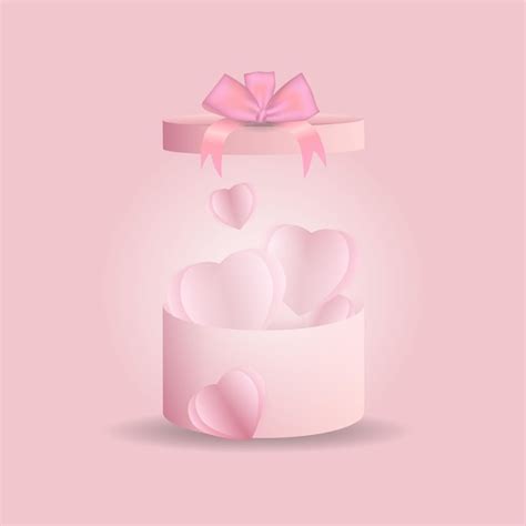 부드러운 분홍색 그라데이션 배경에 분홍색 하트가 있는 열린 선물 상자 프리미엄 벡터