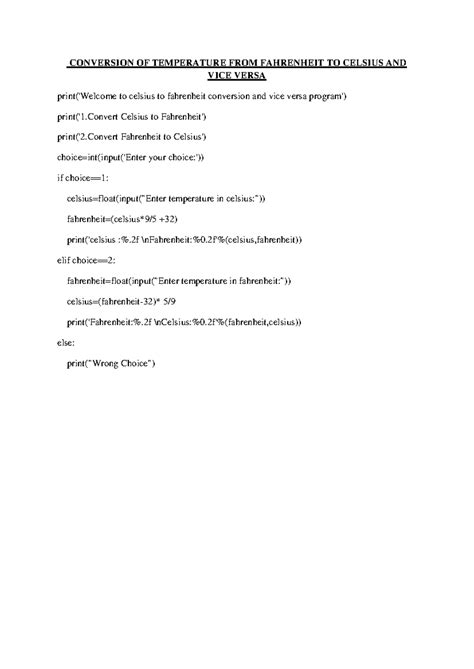 Python Record Lab Programs Conversion Of Temperature From Fahrenheit To Celsius And Vice