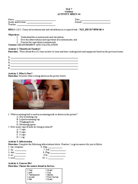Activity Worksheet No4 Tle 7 Pdf Pint Teaspoon