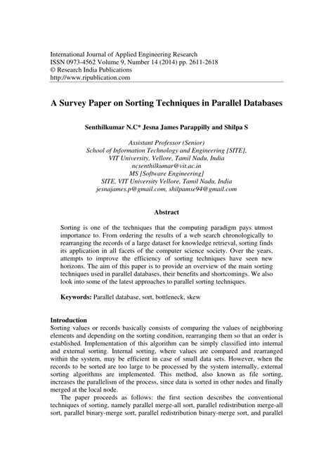 Pdf A Survey Paper On Sorting Techniques In Parallel Databases
