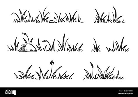 Grass Doodle Sketch Style Set Hand Drawn Grass Field Outline Scribble