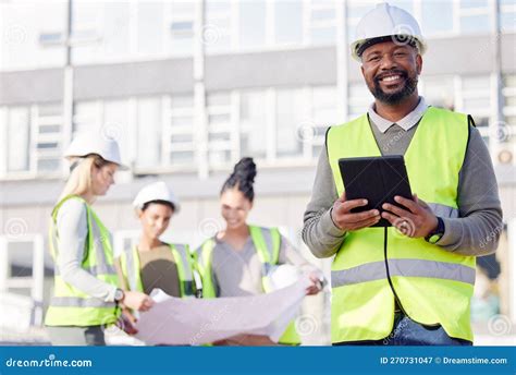 Architect Leader And Black Man Construction Worker With Tablet Smile