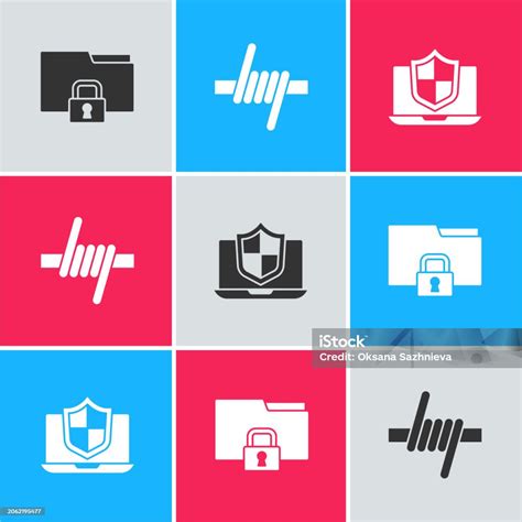 Set Folder And Lock Barbed Wire And Laptop Protected With Shield Icon Vector Stock Illustration