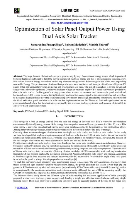 pdf optimization of solar panel output power using dual axis solar