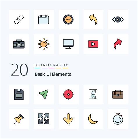 20 Basic Ui Elements Line Filled Color Icon Pack Like Case Bag Archer