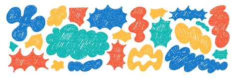 추상적인 액체 모양을 가진 장난기 넘치는 요소 세트 말풍선 구름 및 꽃 크레용 분필 또는 파스텔 질감 흰색 배경에 손으로 그린 컬러 벡터 그림입니다 구름에 대한 스톡 벡터