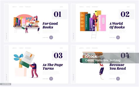 취미를 읽고 지식 방문 페이지 템플릿 세트를 얻기 거대한 책 선반에 작은 문자 학생들은 책장과 아테나에움 이나 아카이브 룸에서 시간을 보내고 만화 벡터 일러스트레이션 가정의