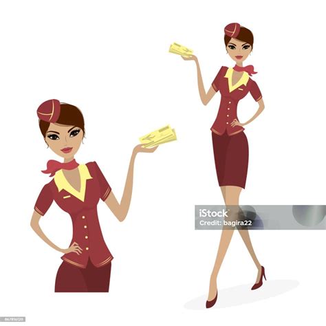 매력적인 젊은 스튜 어디 스 유니폼에서의 벡터 일러스트 레이 션 관광에 대한 스톡 벡터 아트 및 기타 이미지 관광 기업 재무와 산업 날기 Istock