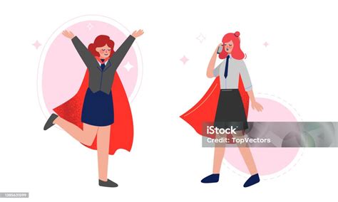 전화와 점프 벡터 세트에 의해 말하기 레드 케이프의 슈퍼 비즈니스 여성 캐릭터 개체 그룹에 대한 스톡 벡터 아트 및 기타 이미지 개체 그룹 말하기 망토 Istock