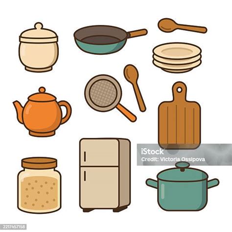 주방 용품 및 가전 제품 컬렉션입니다 프라이팬 찻주전자 접시 도마 체 냉장고 냄비가 들어 있습니다 가정 생활에 대한 스톡 벡터 아트 및 기타 이미지 Istock