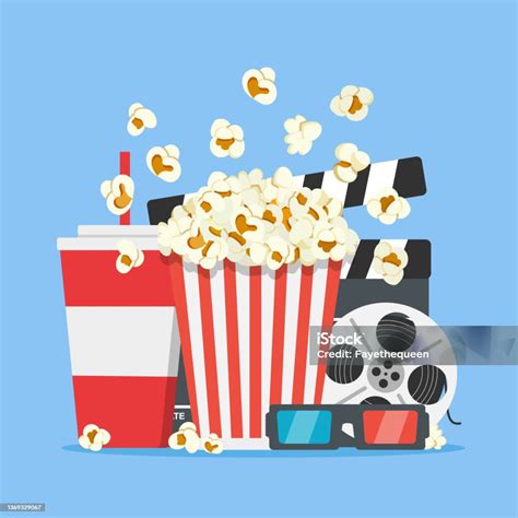 팝콘 음료 필름 스트립 클래퍼보드 3d 안경을 착용한 시네마 컨셉 포스터 영화관에 대한 스톡 벡터 아트 및 기타 이미지 영화관 영화 영화 산업 Istock