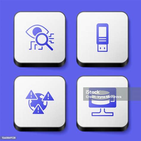 눈 스캔 Usb 플래시 드라이브 느낌표가 있는 지구 및 클라우드 데이터베이스 아이콘을 설정합니다 흰색 사각형 버튼입니다 벡터 Usb 케이블에 대한 스톡 벡터 아트 및 기타