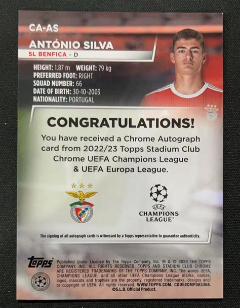 【长安代卖】2022 23 Topps Stadium 欧战竞技场 本菲卡 新秀rc Antonio Silva 安东尼奥席尔瓦 新秀银折签字