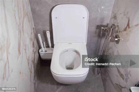 회색 도자기 석기 타일이 있는 욕실의 현대적인 벽걸이 화장실 위생적인 샤워 및 화장실 브러시 변기의 청결과 위생 가정의 방에 대한 스톡 사진 및 기타 이미지 Istock