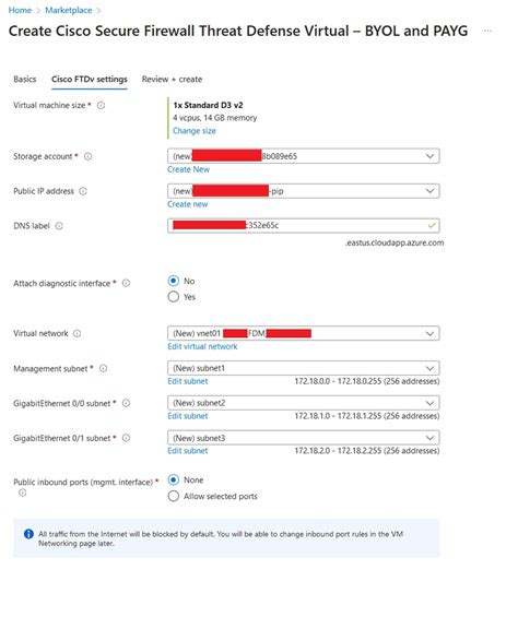 템플릿을 사용하여 azure marketplace에서 fdm vm 배포 cisco