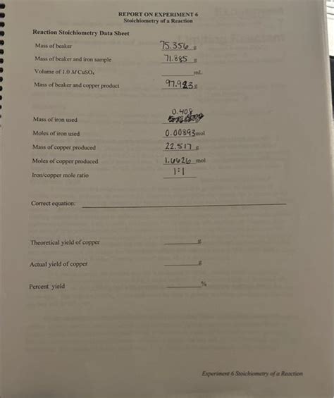 Solved REPORT ON EXPERIMENT 6 Stoichiometry Of A Reaction Chegg Com