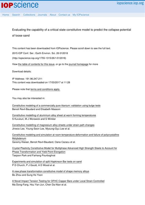 Pdf Evaluating The Capability Of A Critical State Constitutive Model To Predict The Collapse
