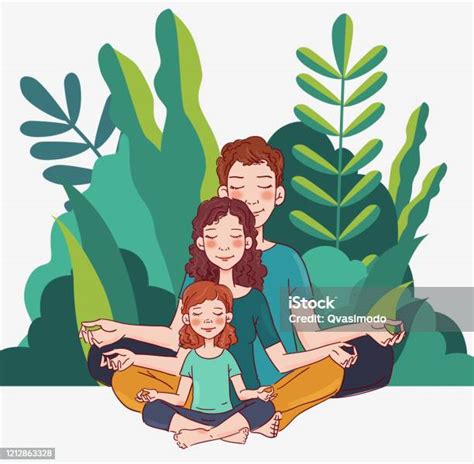 어머니 아버지와 딸은 연꽃 위치에서 요가를하고 있습니다 가족 요가 벡터 그림입니다 공원에서 휴식을 취하는 젊은이 여름 풍경 배경 배경 3 명에 대한 스톡 벡터 아트 및 기타