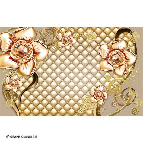 پوستر دیواری لوکس با پس زمینه لوزی مبل ، گل و بوته با گل های طلایی جواهرنشان