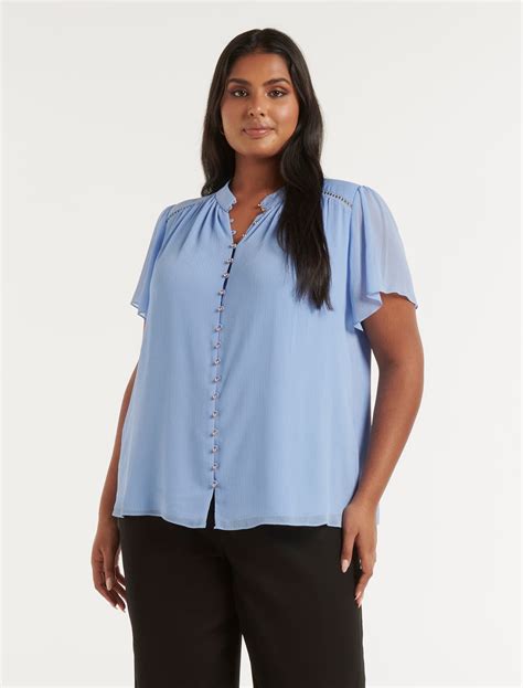 Yvonne Curve Flutter Trim Spliced Blouse Womens Fashion Forever New