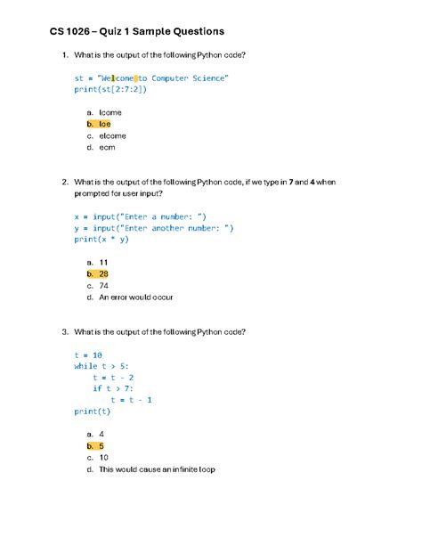 Cs 1026 Quiz 1 Sample Questions On Python Code Output Studocu