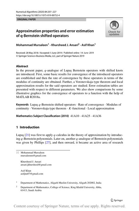 Approximation Properties And Error Estimation Of Q Bernstein Shifted Operators Request Pdf