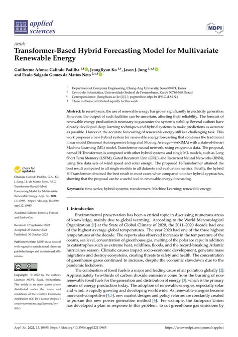 Pdf Transformer Based Hybrid Forecasting Model For Multivariate Renewable Energy
