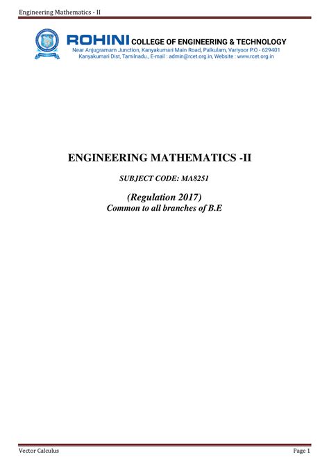 Unit 2 Vector Calculus Engineering Mathematics Ii Subject Code Ma Regulation 2017 Common