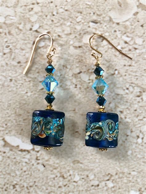 Murano Earrings Venetian Glass Earrings Swirl Cobalt And Aqua Murano