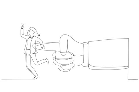 사업가를 미는 거대한 손의 그림 직장에서 푸시를 제공하는 은유 단일 라인 아트 스타일 프리미엄 벡터