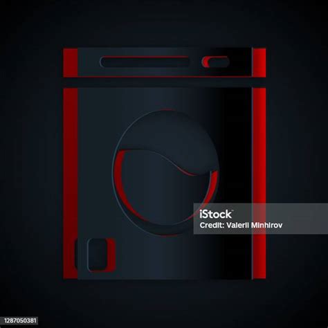 검은 색 배경에 격리 된 종이 절단 와셔 아이콘 세탁기 아이콘 옷 세탁기 세탁기 가전 기호입니다 종이 아트 스타일 벡터 3차원