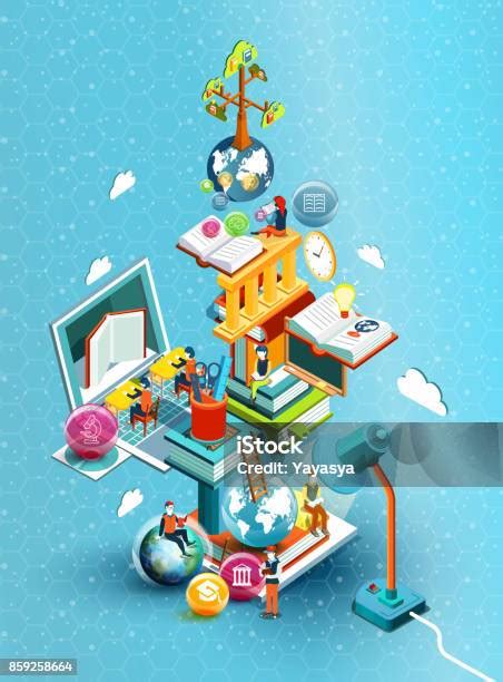 책 읽는 사람들의 타워입니다 교육 개념입니다 온라인 도서관입니다 온라인 교육 파란색 배경에 등각 투영 평면 디자인입니다 벡터 일러스트 레이 션 교육에 대한 스톡 벡터 아트