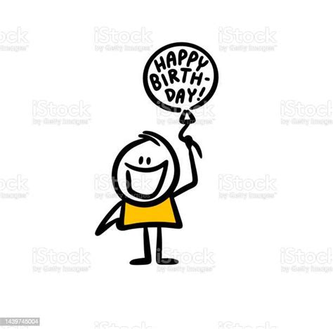 재미있는 Stickman과 함께 Baloon 낙서 벡터 삽화에 생일 축하 메시지 귀여운에 대한 스톡 벡터 아트 및 기타 이미지 귀여운 긍정적인 감정 표현 낙서 드로잉