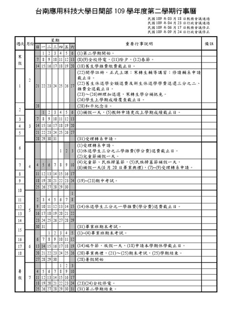 行事曆 109學年度第二學期 Pdf