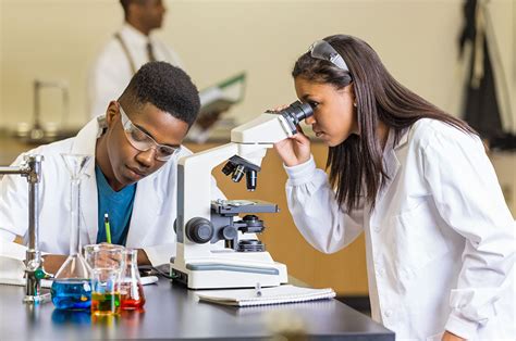 High School Students Using Microscope Examining Slides In Science