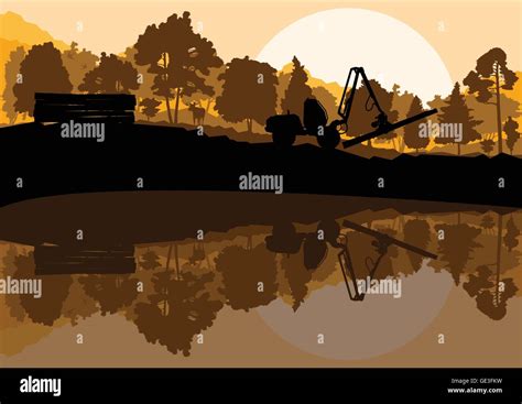Forestry Logger Tractor In Forest Landscape Vector Stock Vector Image
