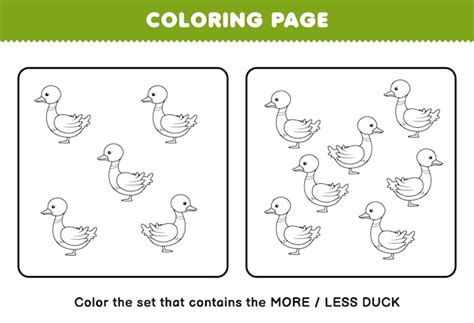 귀여운 만화 오리 라인 아트 세트 인쇄 가능한 농장 워크시트의 페이지를 색칠하는 어린이를 위한 교육 게임 프리미엄 벡터