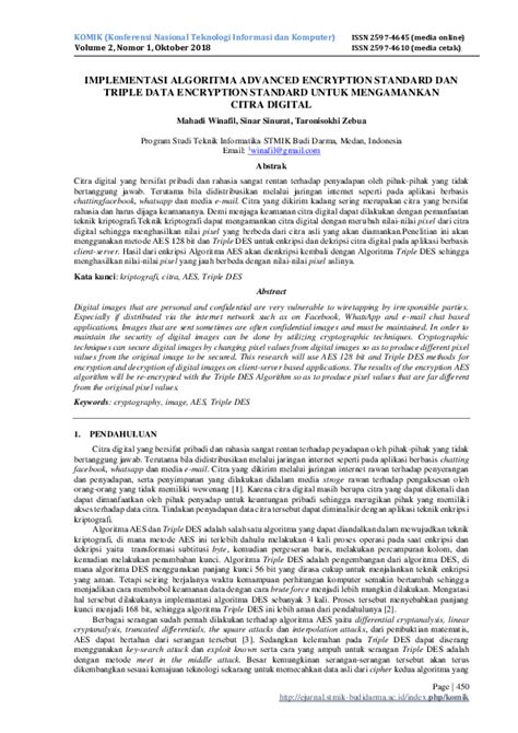 Pdf Implementasi Algoritma Advanced Encryption Standard Dan Triple Data Encryption Standard