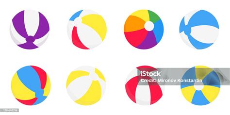 비치 볼 플랫 스타일 디자인 벡터 일러스트 아이콘 기호 흰색 배경에 격리 다양한 색상과 위치에 여름 게임이나 휴일 공 복고풍 스타일의 장난감 공 스포츠 장비에 대한 스톡