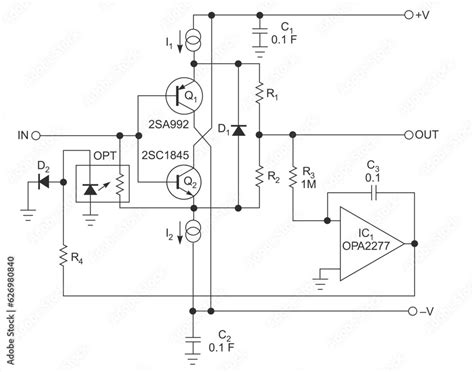 Vector Drawing Electrical Circuit With Capacitor Operational Amplifier Transistor Diode And