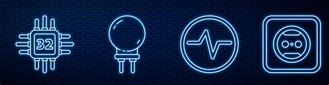 세트 라인 전기 회로 구성 표식 마이크로 회로 Cpu프로세서 발광 다이오드 및 전기 콘센트 벽돌 벽에 빛나는 네온 아이콘 벡터
