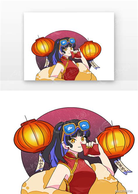 红黄国潮春节少女灯笼元素图片下载红动中国