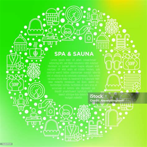스파 와 사우나 개념 얇은 라인 아이콘 마사지 오일 수건 한증막 샤워 비누 통 과 국자 습도계 수영장 허브 차 자작 나무 거품기 벡터 일러스트레이션 개념에 대한 스톡 벡터