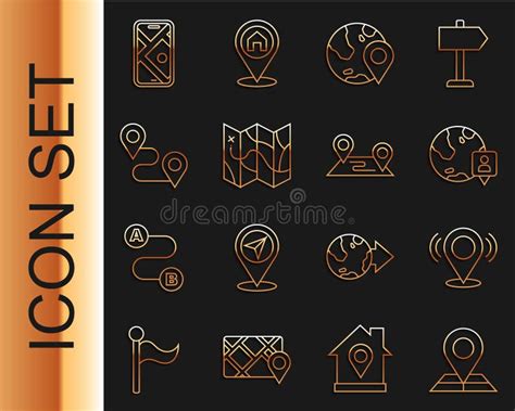 Set Line Folded Map With Location Marker Map Pin Location The Globe Route City Navigation