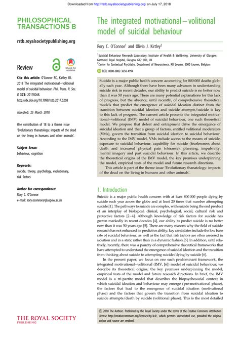 Pdf The Integrated Motivationalvolitional Model Of Suicidal Behaviour