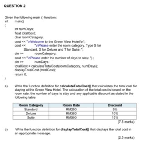 Solved Question 2 Given The Following Main Function Int