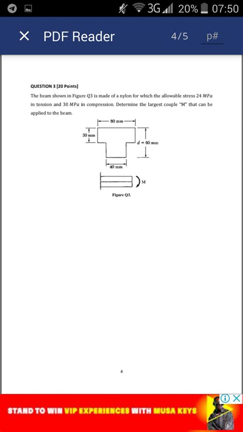 Solved QUESTION 3 20 Points The Beam Shown In Figure Q3 Is Chegg Com